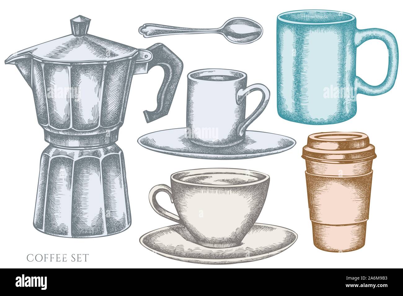Vector set of hand drawn pastel coffee cups, teaspoon, paper cup ...
