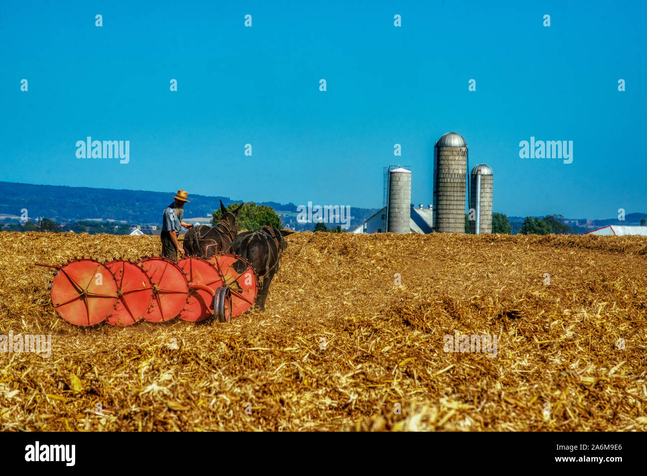 Amish farmers harvesting hay, Lancaster county Pennsylvania Stock Photo ...