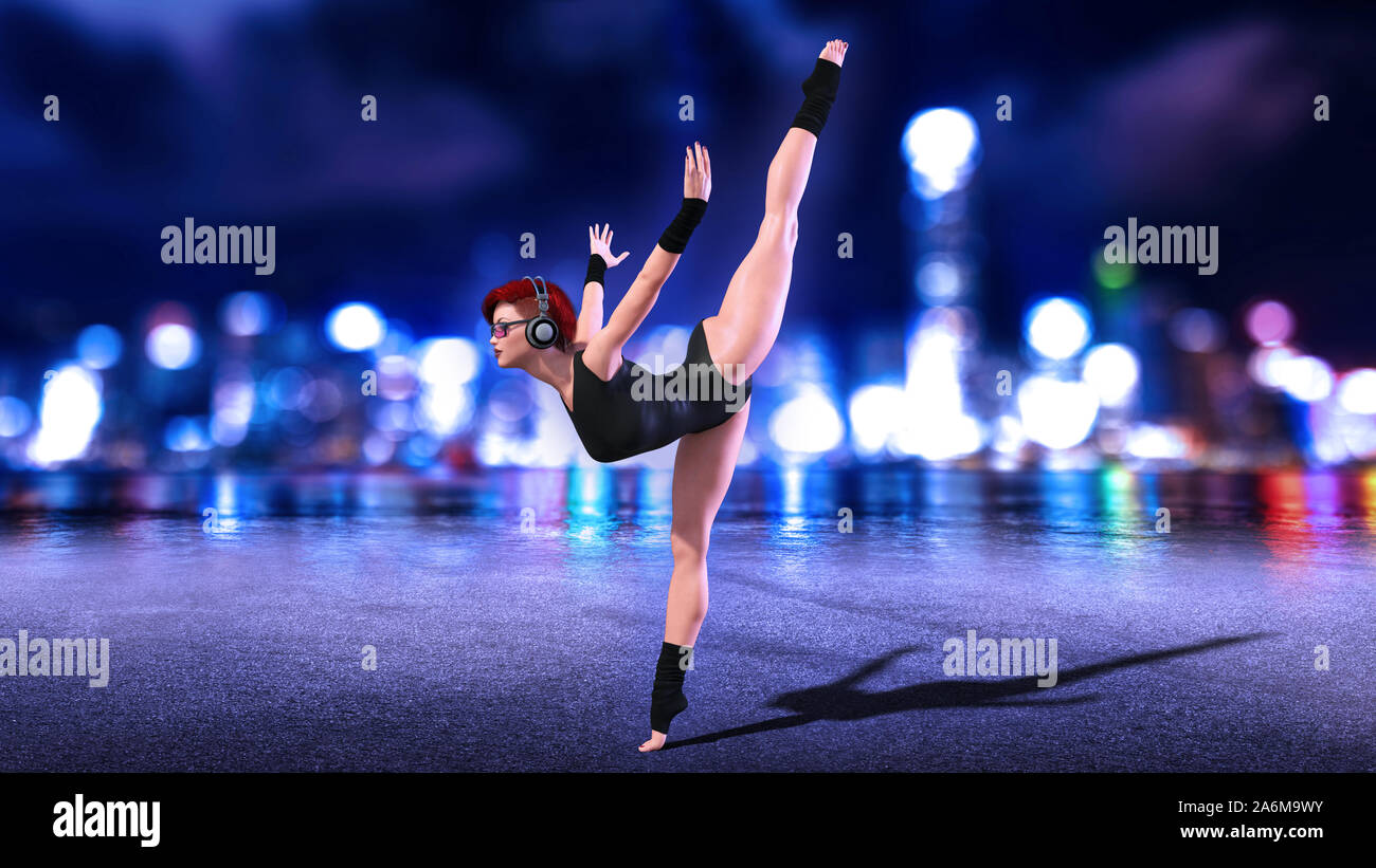 Dancer girl doing standing split exercise, redhead woman wearing ...