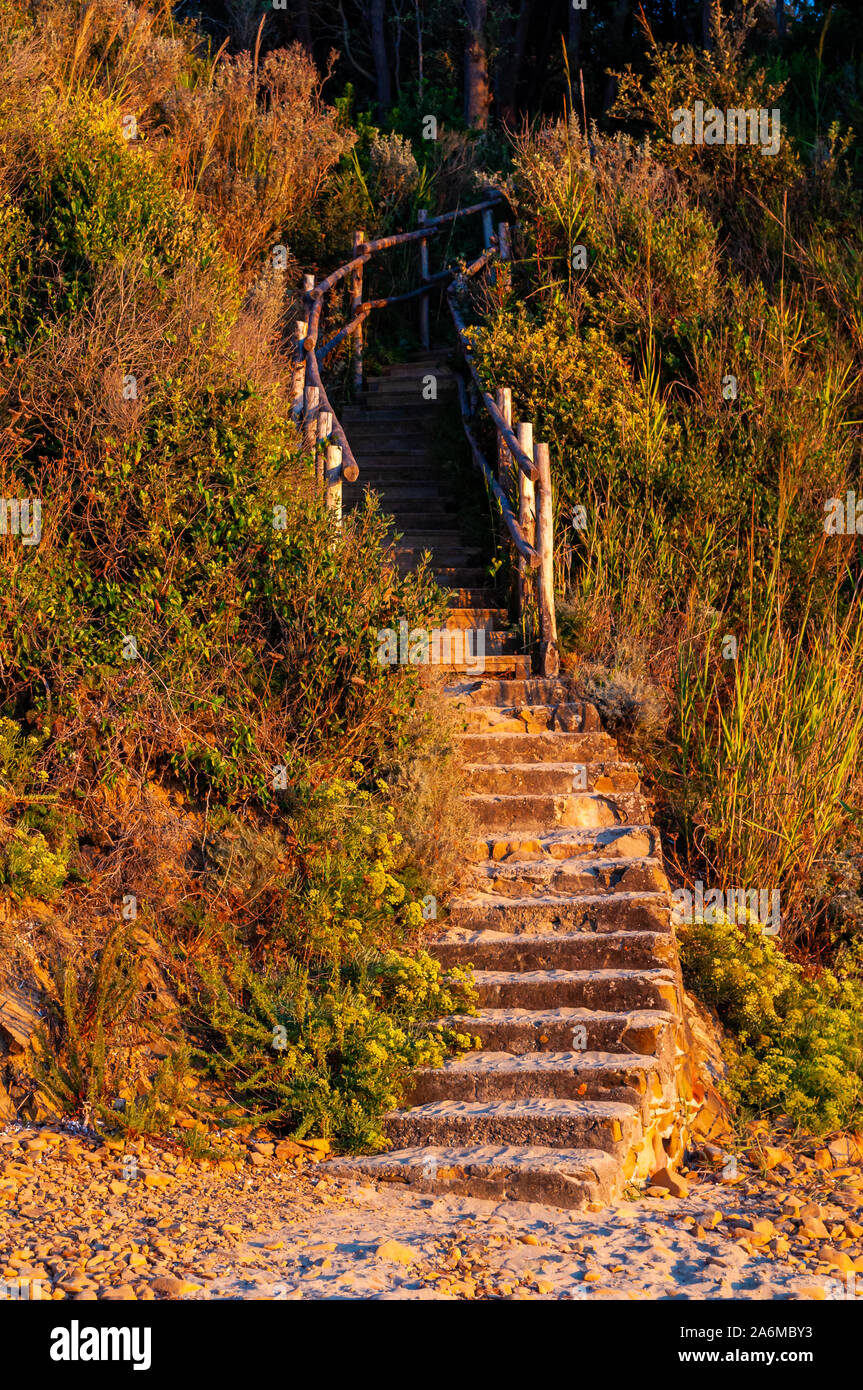 Curved stone stairs with wooden railings on Cala Violina beach ...