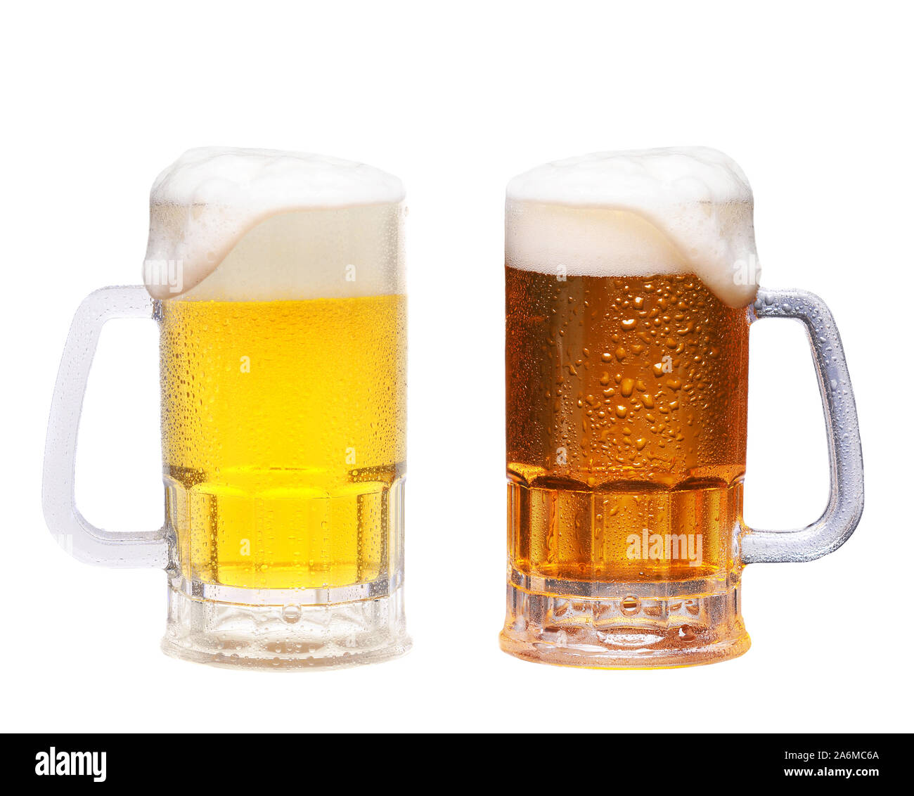 Two cold frosty mugs of beer on a white background, Pale ale and Red ...