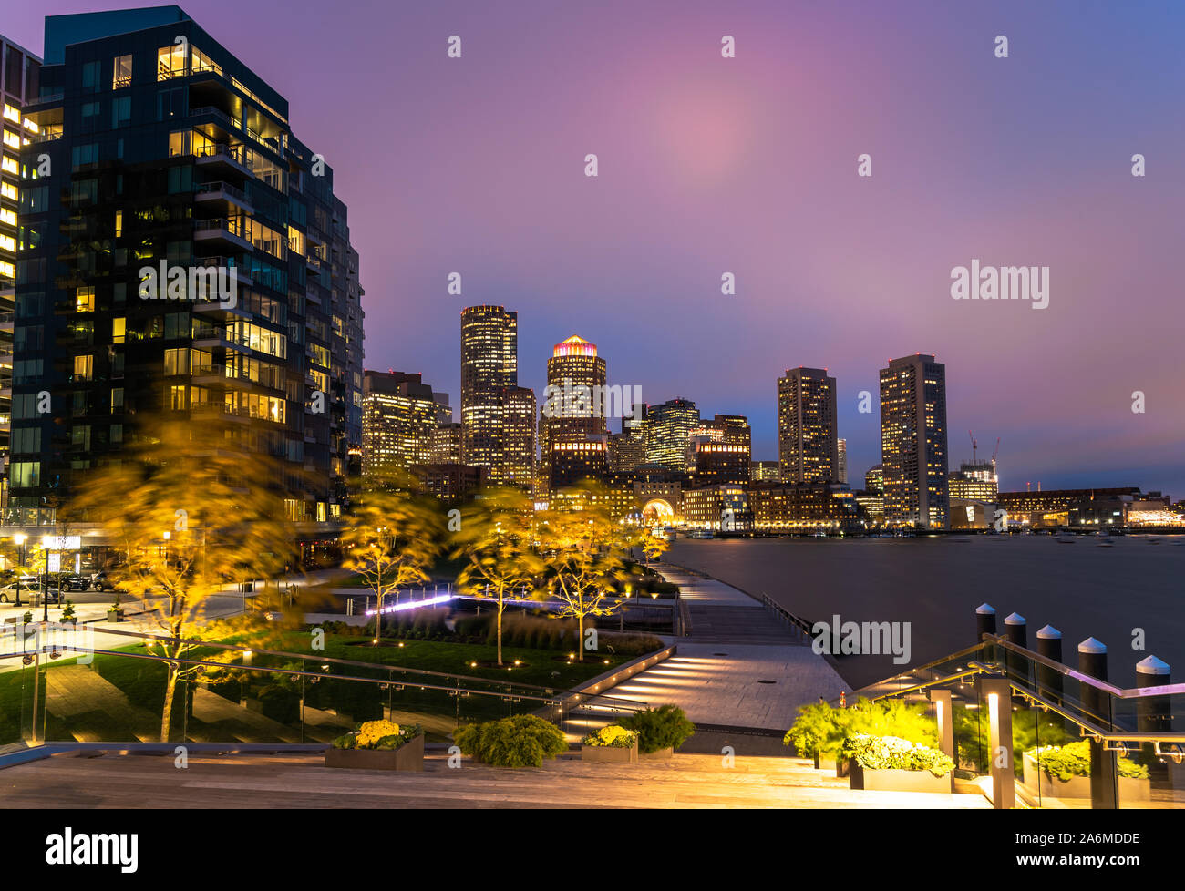Night view of Boston skyline and watefront on a windy day Stock Photo ...