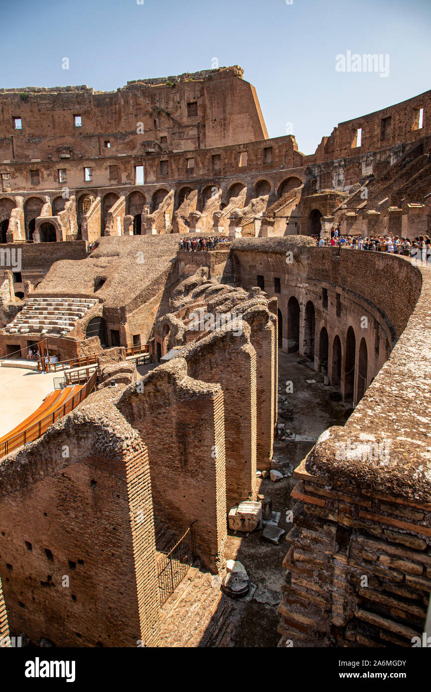 Rome, Italy, August 5 2018 The interior of the Colosseum, Rome showing ...