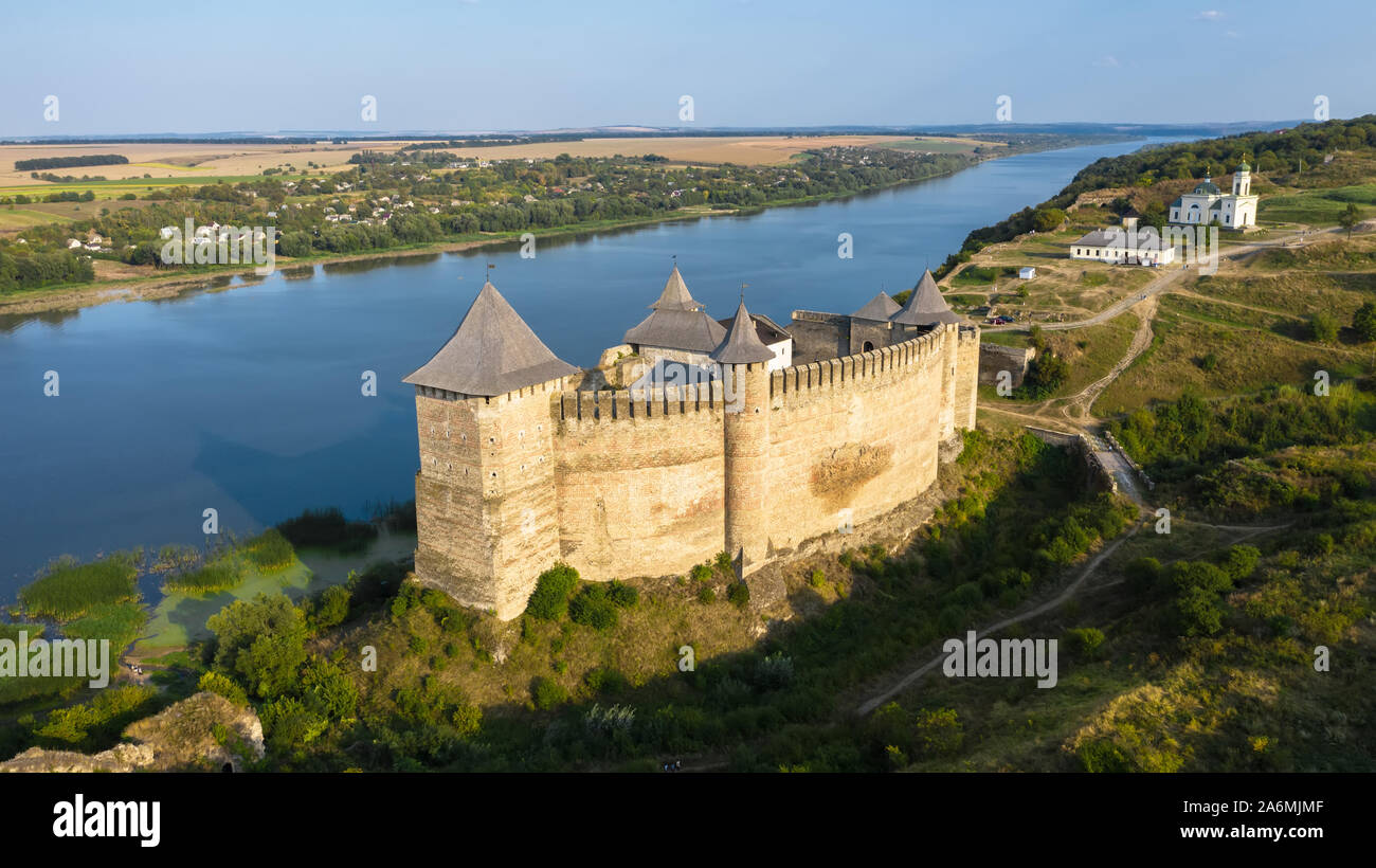 Aerial view of old castle near the River. Hotyn Castle in Ukraine ...