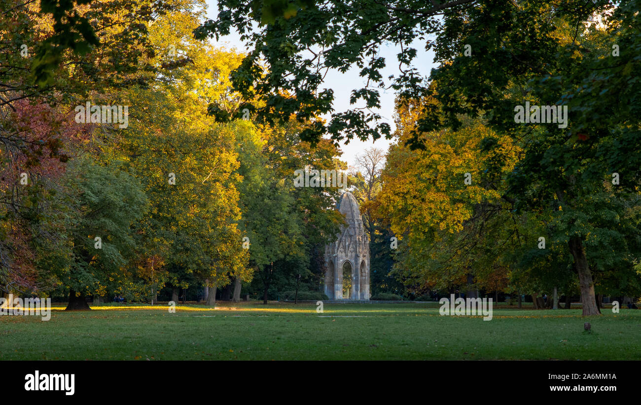 Gothic tower, Janko Kral Park, Bratislava, Slovakia. The park is one of ...