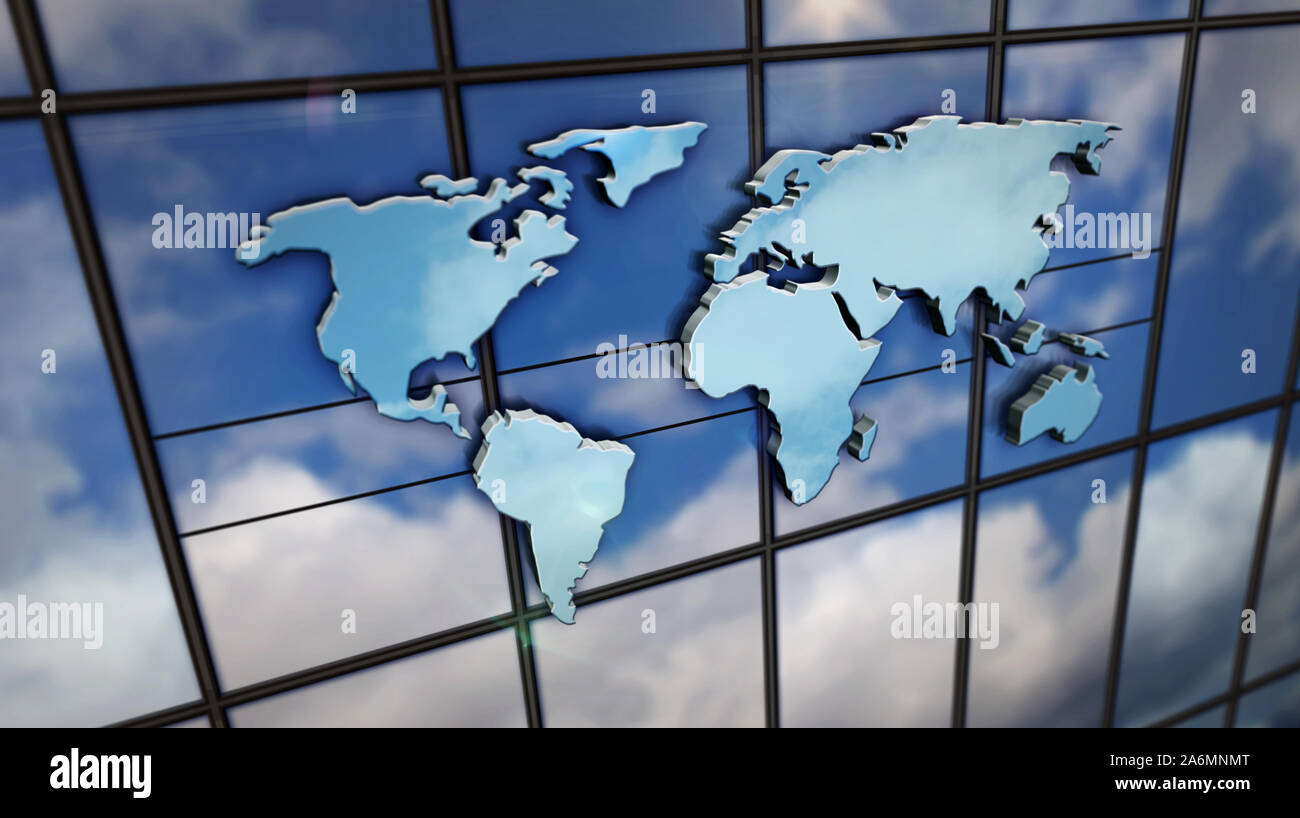 World Map sign glass building. Mirrored sky and city on modern facade ...