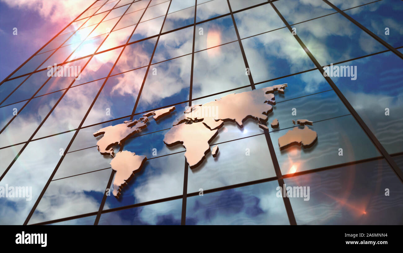 World Map sign on glass skyscraper. Sky and sun rays mirrored in ...