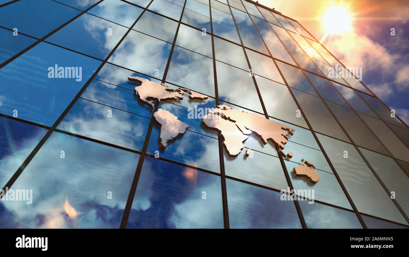 World Map sign on glass skyscraper. Sky and sun rays mirrored in ...