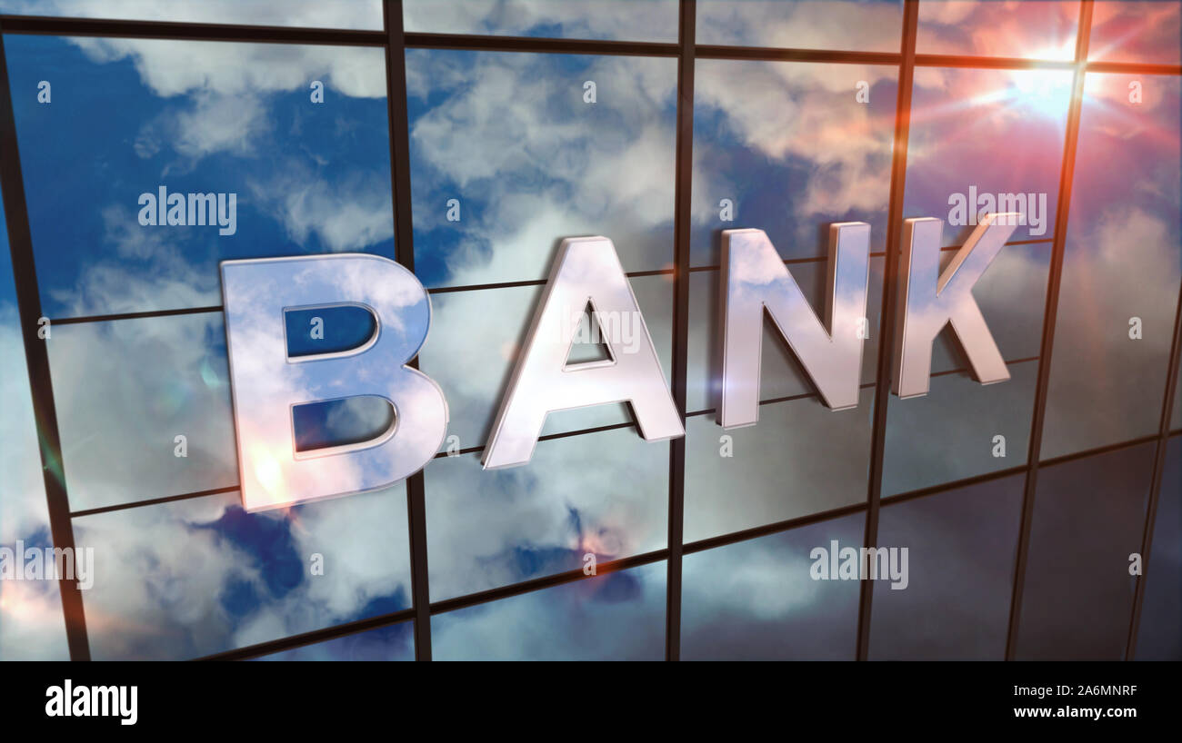 Bank sign on glass skyscraper. Sky and sun rays mirrored in modern ...