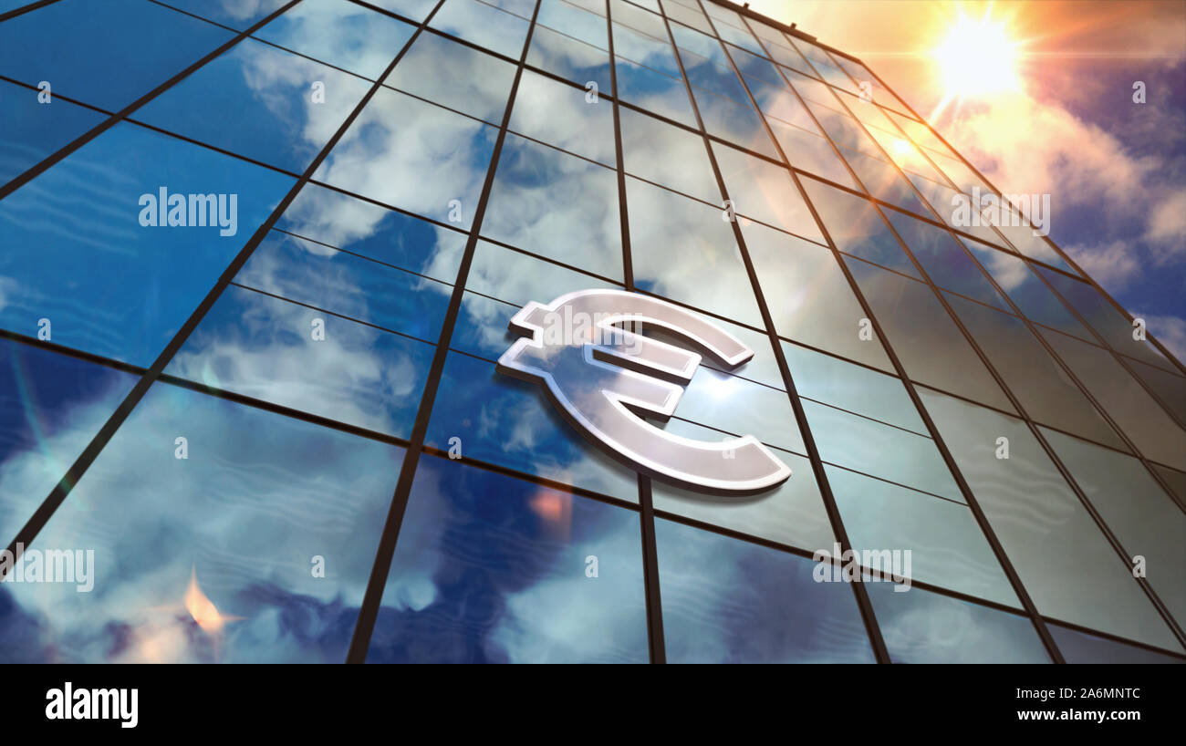 Euro symbol currency on glass skyscraper. Sky and sun rays mirrored in ...