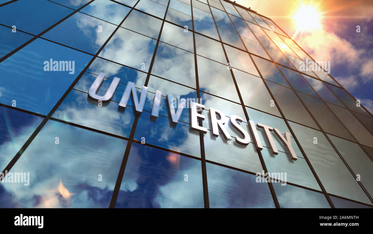 University glass building. Mirrored sky and city on modern facade ...