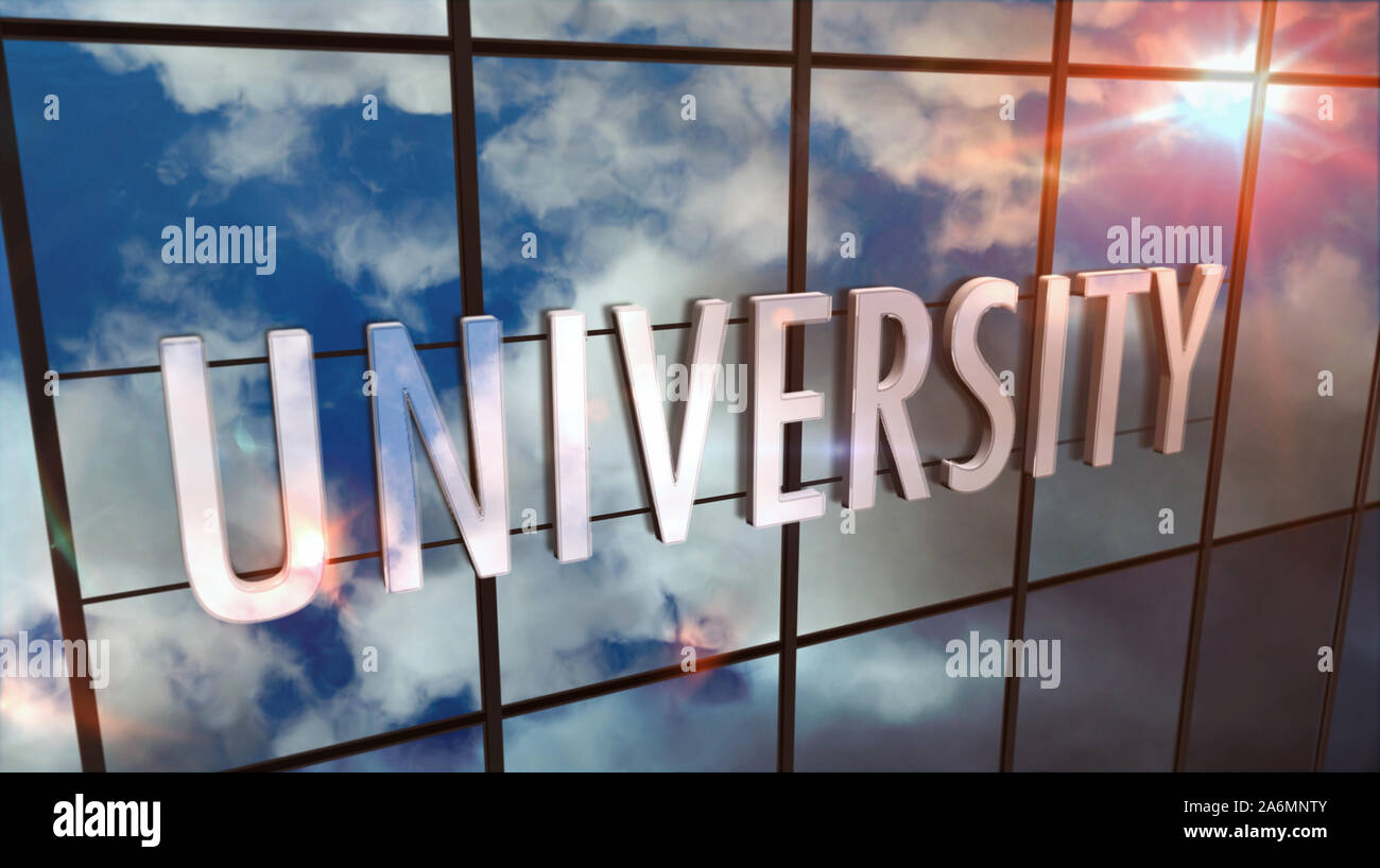 University glass building. Mirrored sky and city on modern facade ...