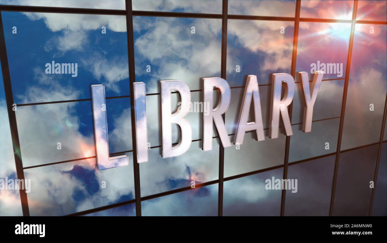 Library on glass skyscraper. Sky and sun rays mirrored in building ...