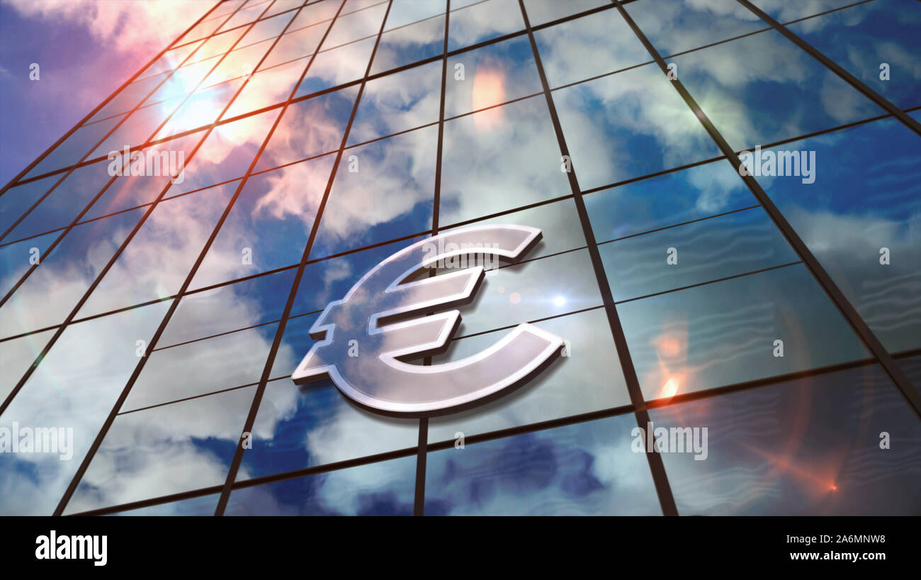 Euro symbol currency on glass skyscraper. Sky and sun rays mirrored in ...