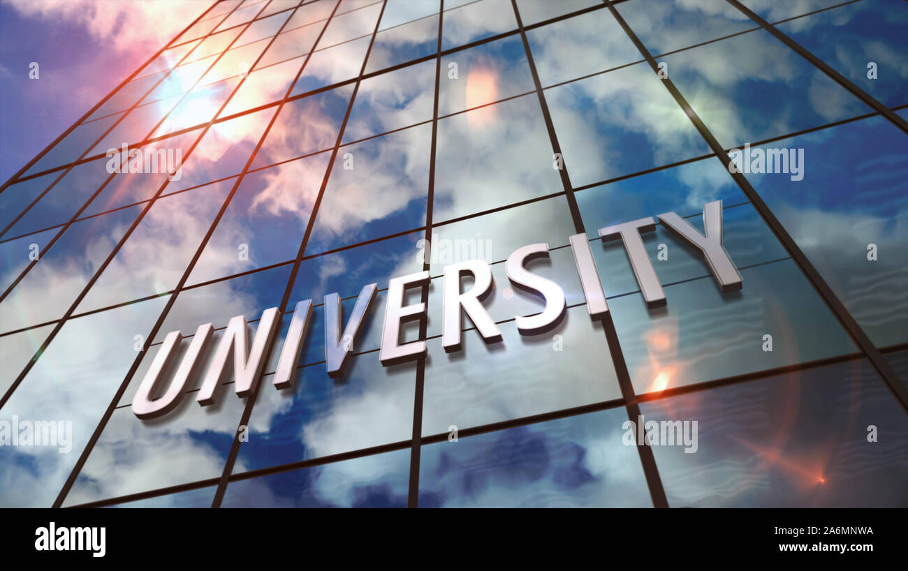University glass building. Mirrored sky and city on modern facade ...