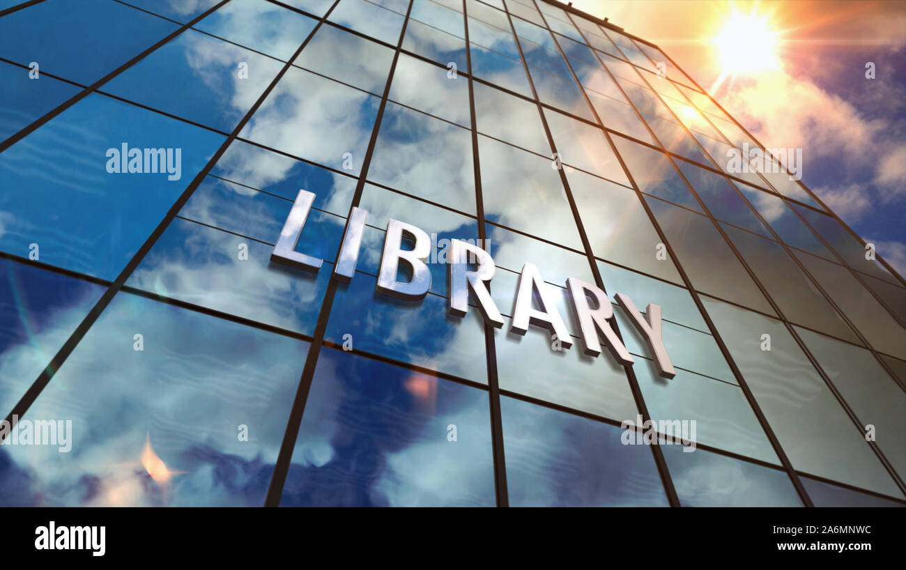 Library on glass skyscraper. Sky and sun rays mirrored in building ...