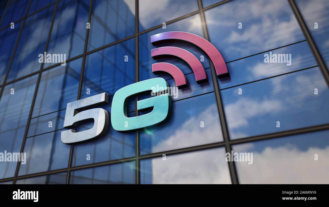 5G sign on glass building. Mirrored sky and city on modern skycraper ...