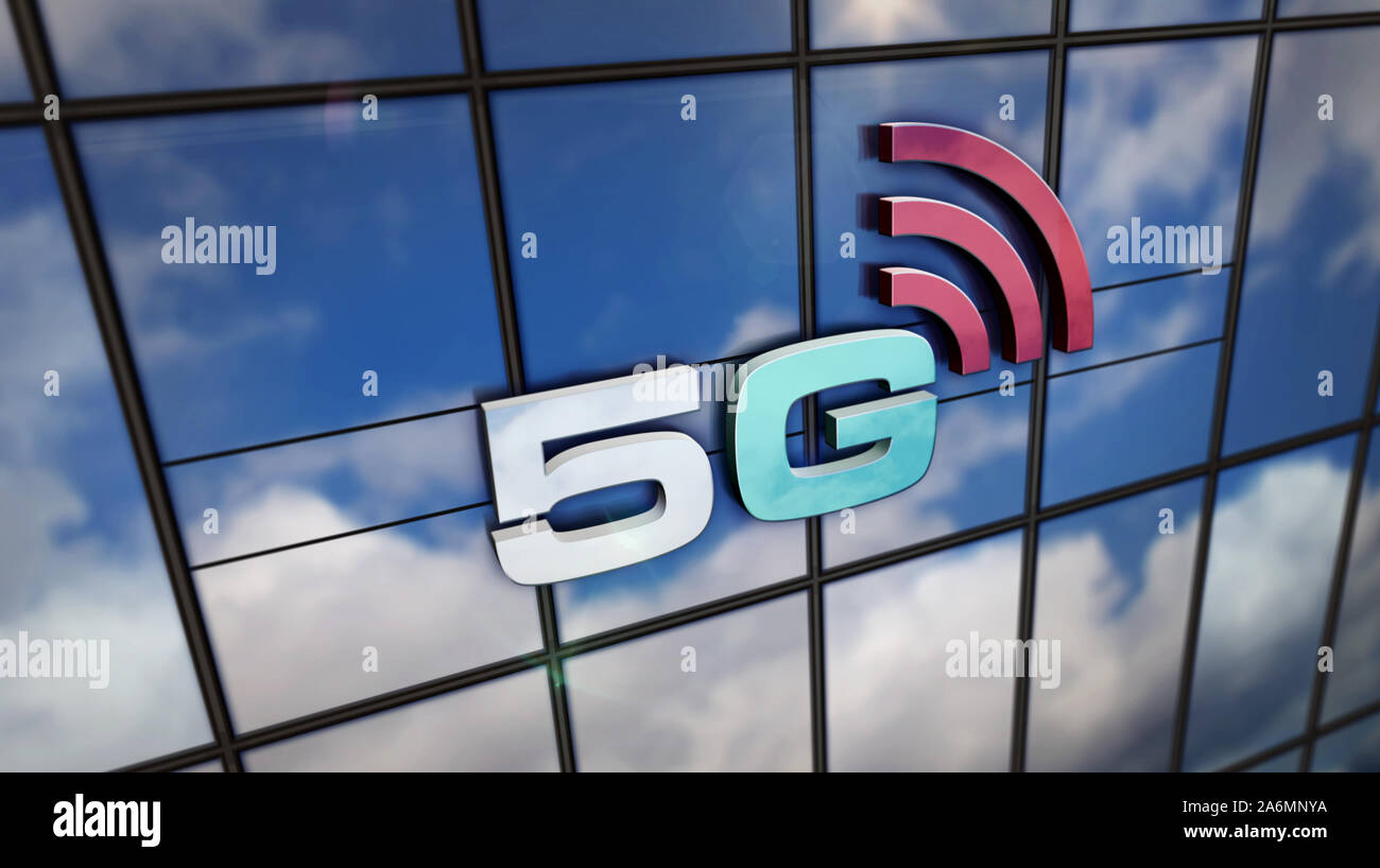 5G sign on glass building. Mirrored sky and city on modern skycraper ...