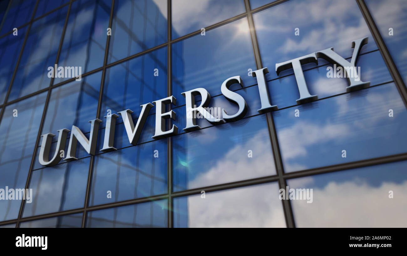 University glass building. Mirrored sky and city on modern facade ...