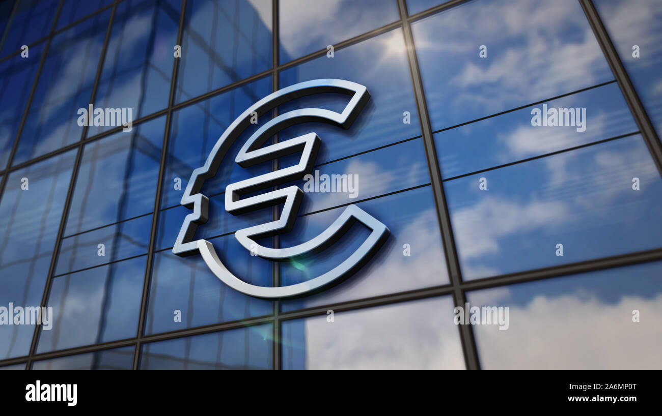 Euro EU currency symbol on glass building. Mirrored sky and city on ...