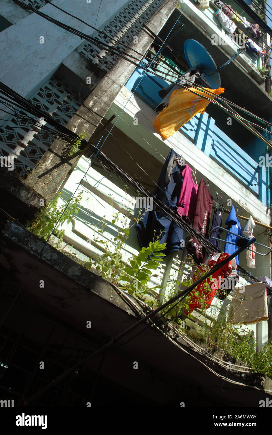 Washing on an apartment balcony, Yangon, Myanmar, Asia Stock Photo - Alamy
