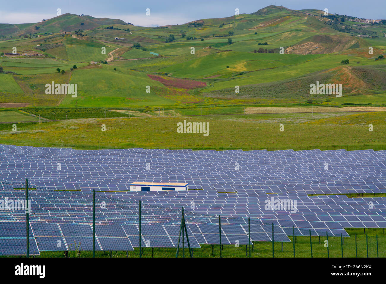 Power plant solar energie, green valley with sun panels in Sicily ...