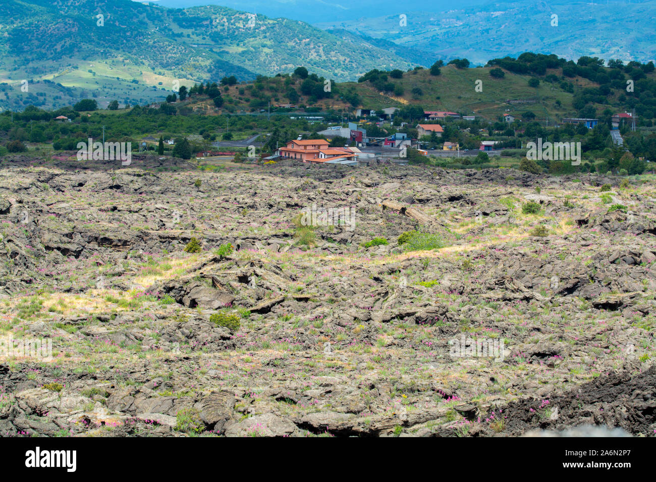 View on small village located just few meters from new eruption lava ...