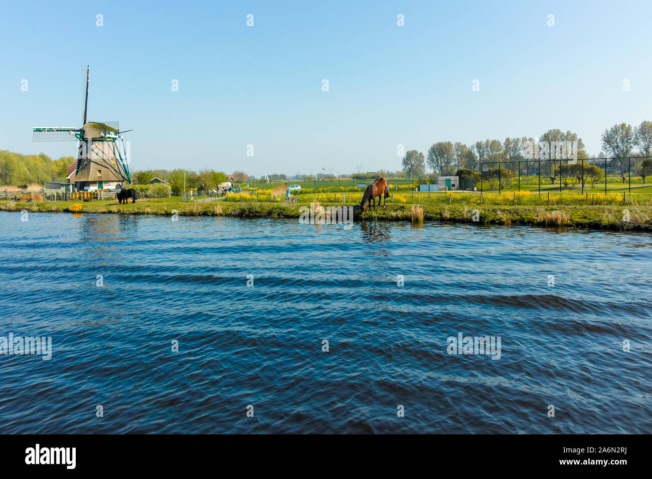 Waterways of North Holland and view on traditional Dutch wind mill ...