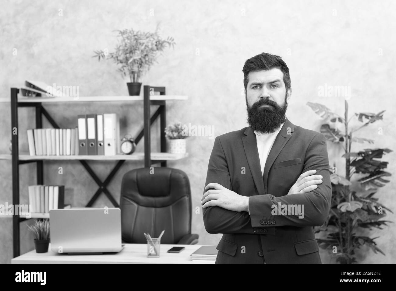 Every boss started as worker. Man bearded hipster boss looking at you ...
