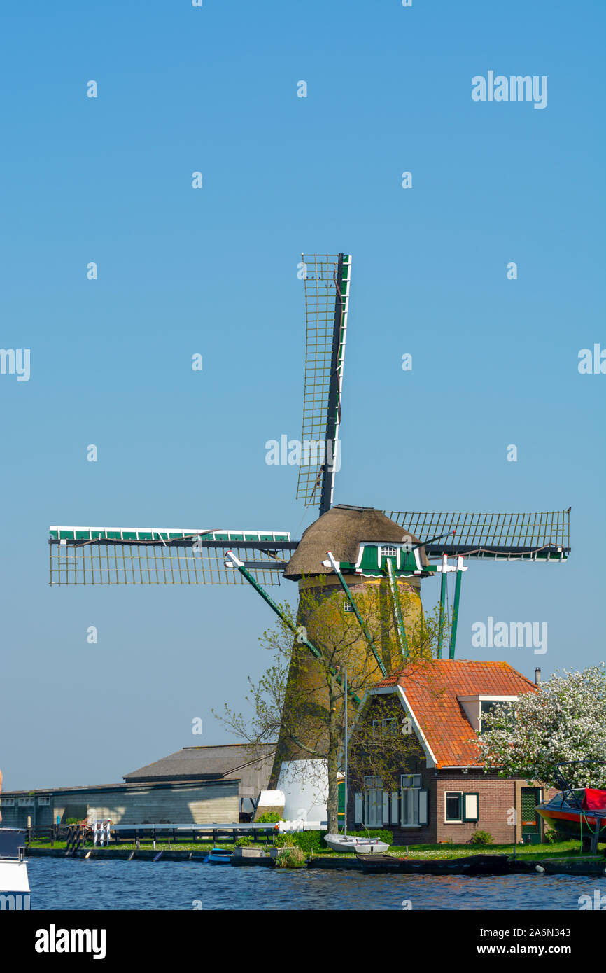 Waterways of North Holland and view on traditional Dutch wind mill ...