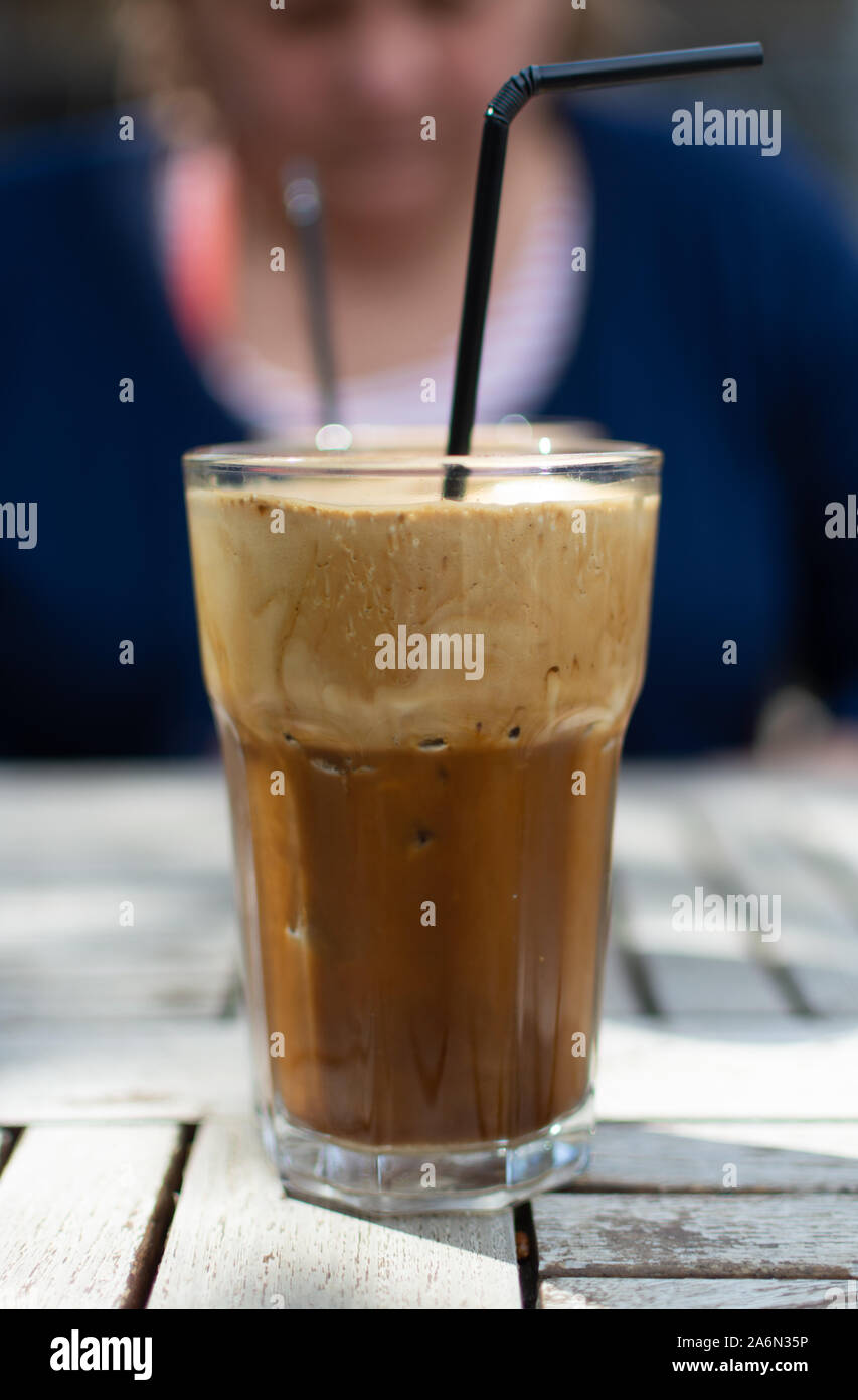 Traditional greek cold coffee Frappe with foam made from water, instant ...