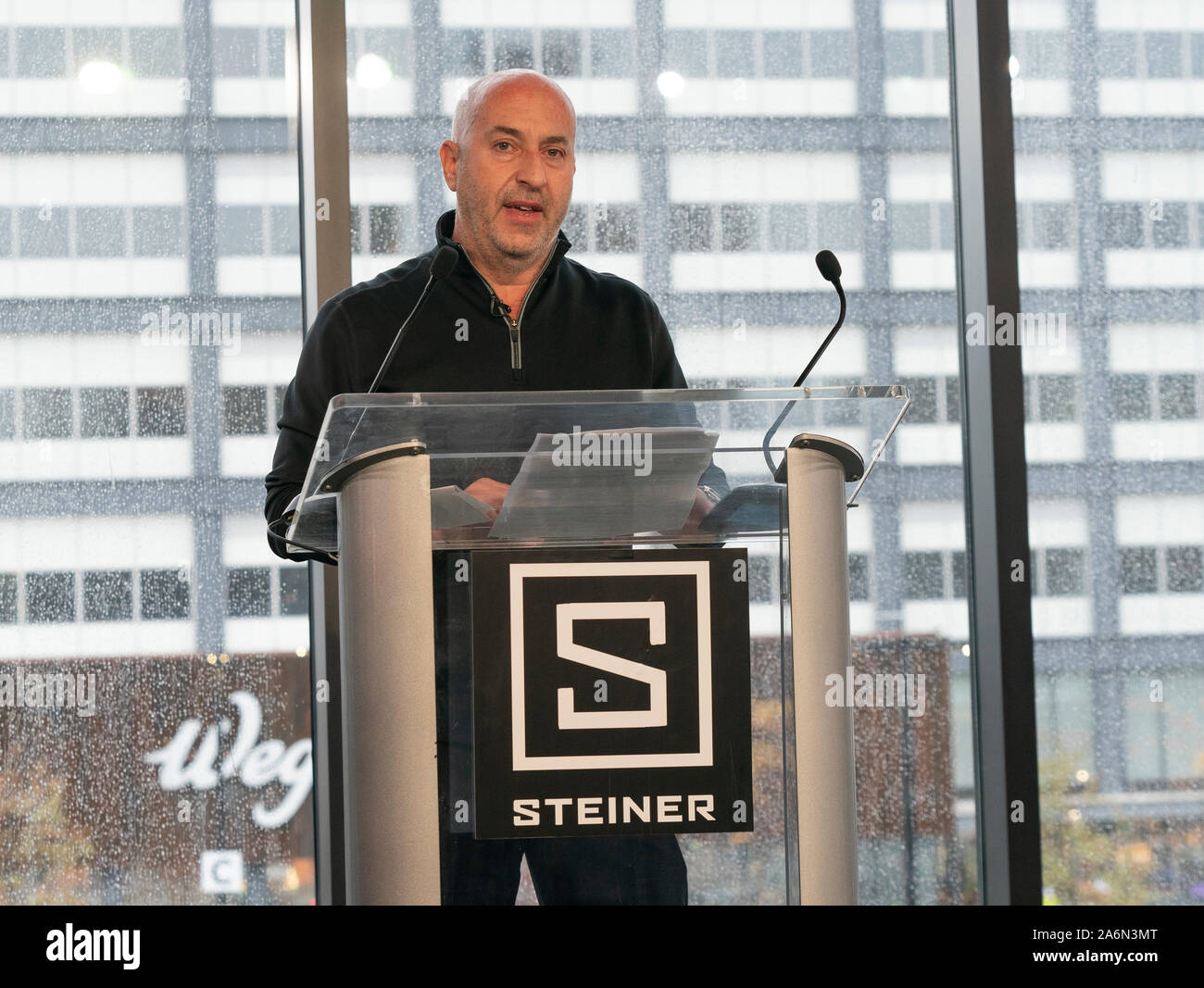 New York, NY - October 27, 2019: Douglas Steiner Chairman Steiner Studios speaks at Wegmans ...