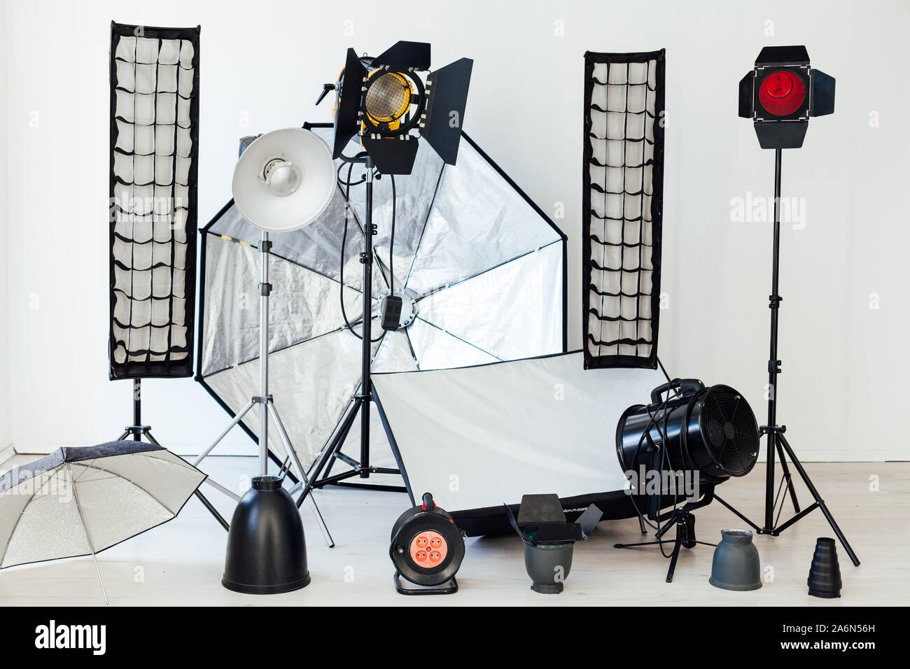 Photo studio equipment flash light accessories photographer on white ...