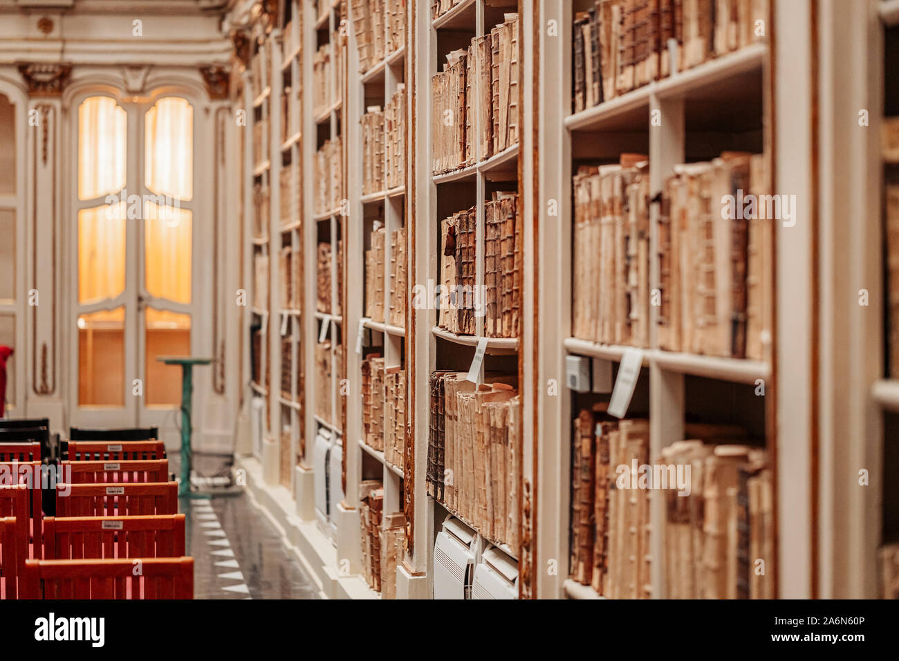 CAGLIARI, ITALY /OCTOBER 2019: well preserved ancient library from 1700 ...