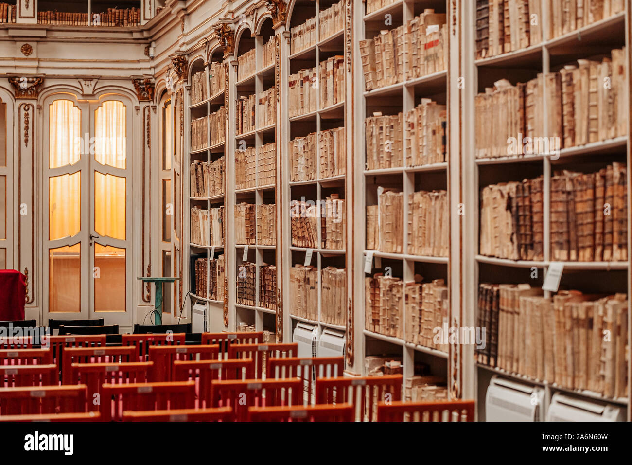 CAGLIARI, ITALY /OCTOBER 2019: well preserved ancient library from 1700 ...