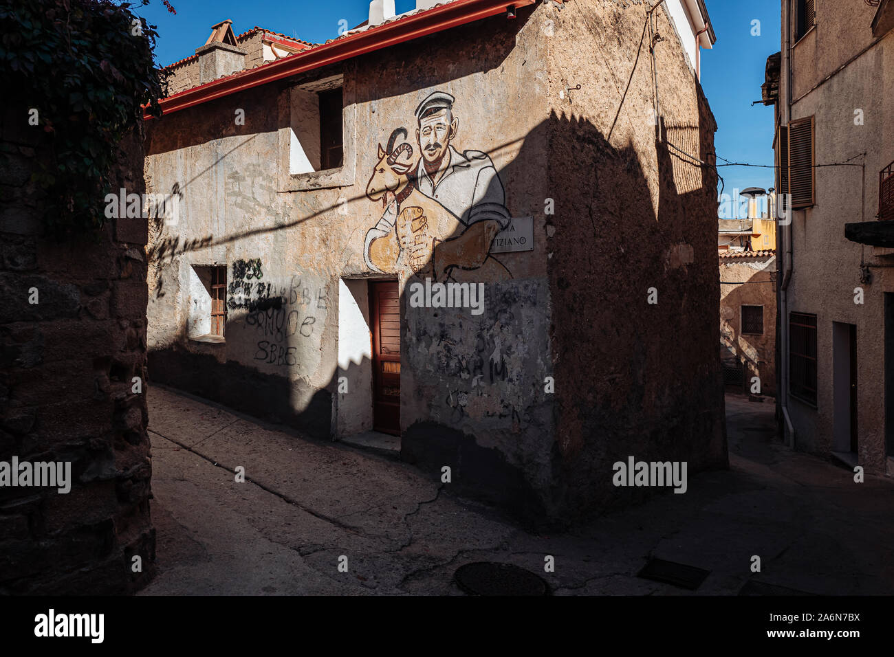 ORGOSOLO, SARDINIA /OCTOBER 2019: The well known murales in the sreets ...