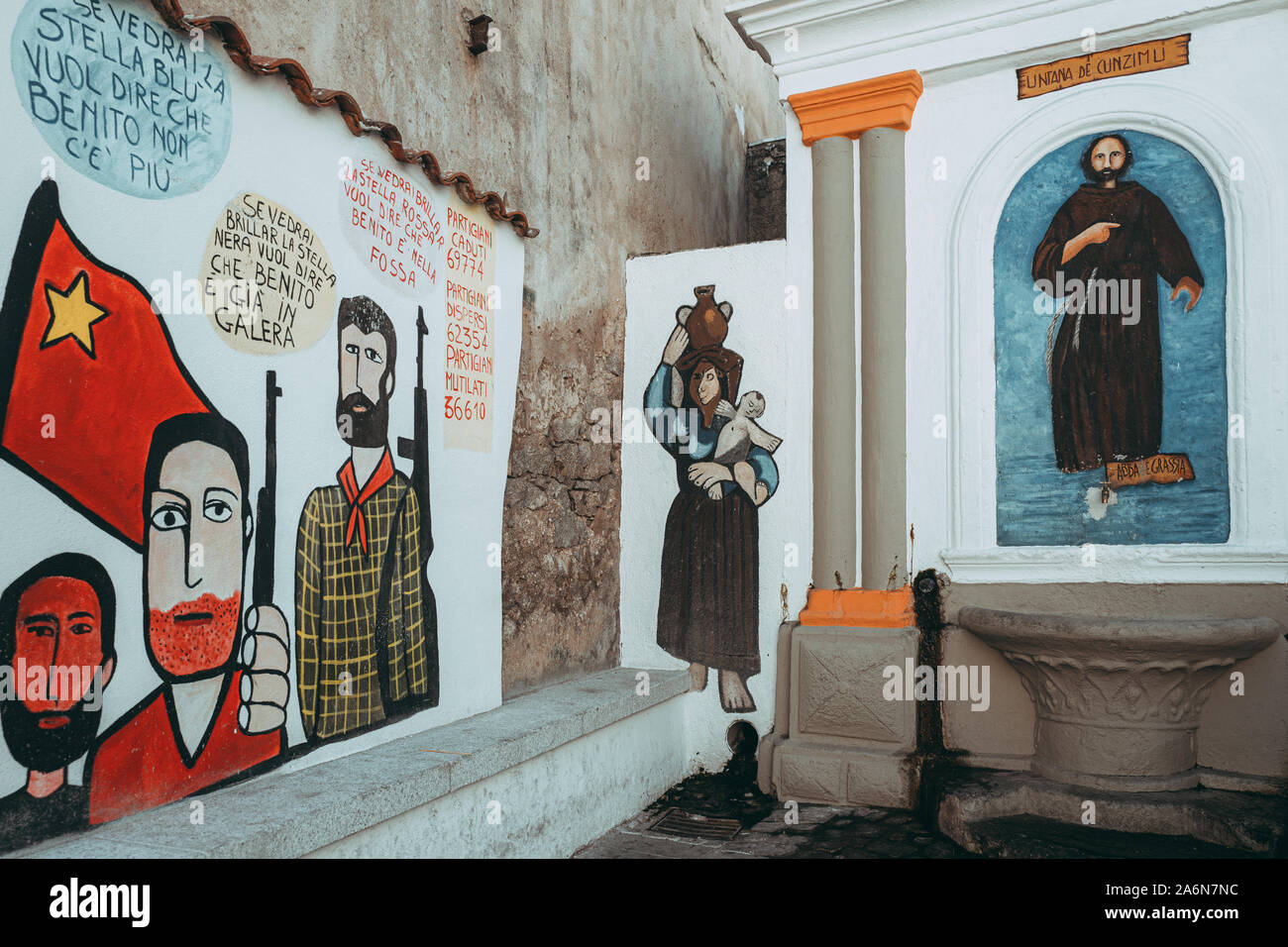 ORGOSOLO, SARDINIA /OCTOBER 2019: The well known murales in the sreets ...