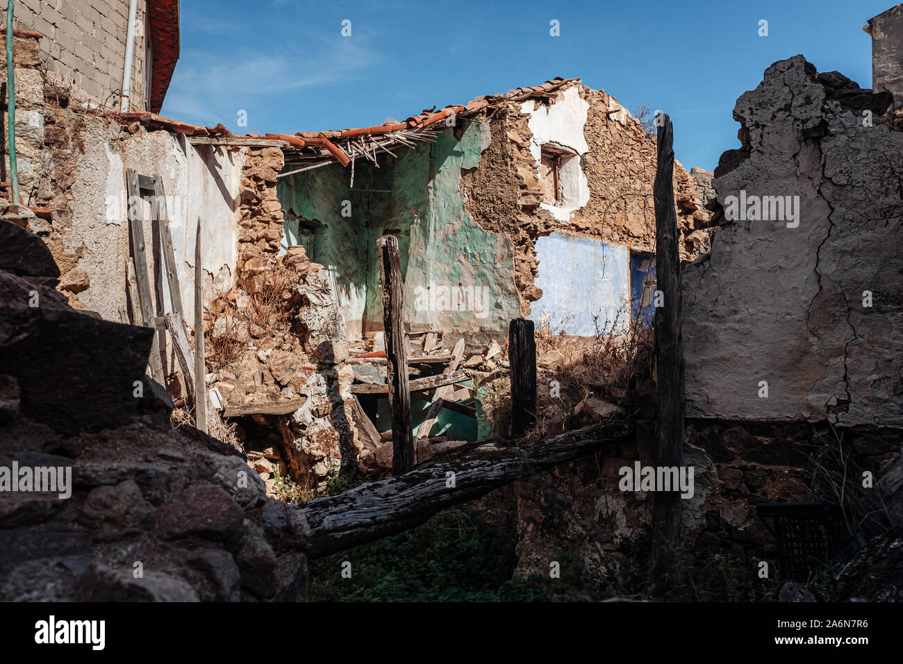 ORGOSOLO, SARDINIA /OCTOBER 2019: ruins of ancient houses in the old ...