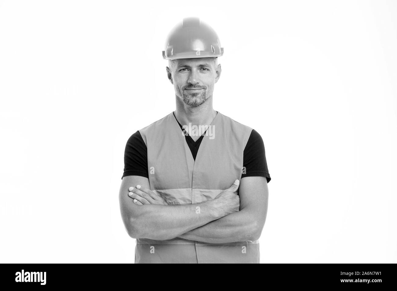 Safety is main point. Man protective hard hat and uniform white ...