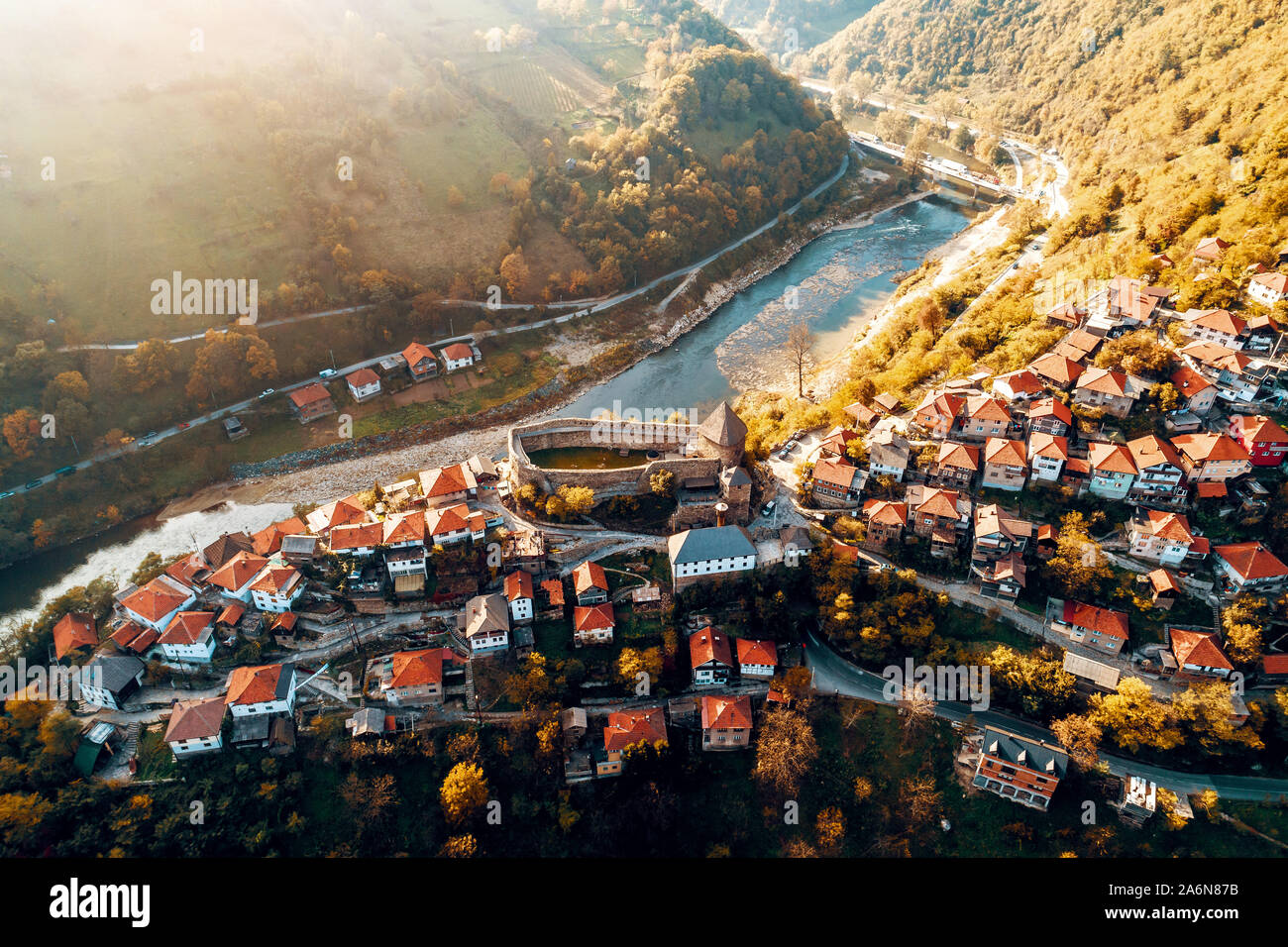 Aerial view of ancient city and castle of Vranduk in middle Bosnia ...