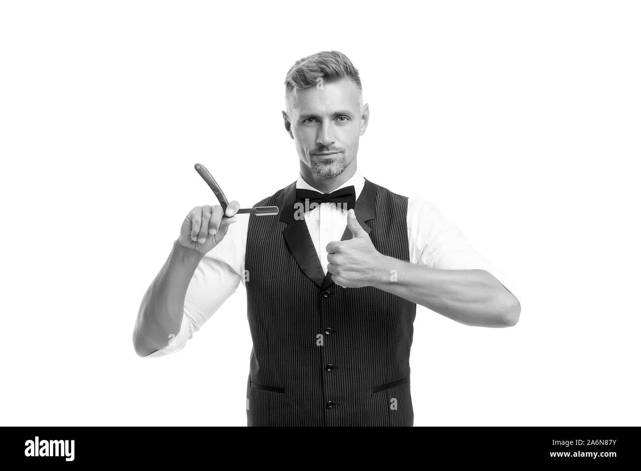 Vintage barber. Barber bow tie hold hairdresser equipment blade. Male ...