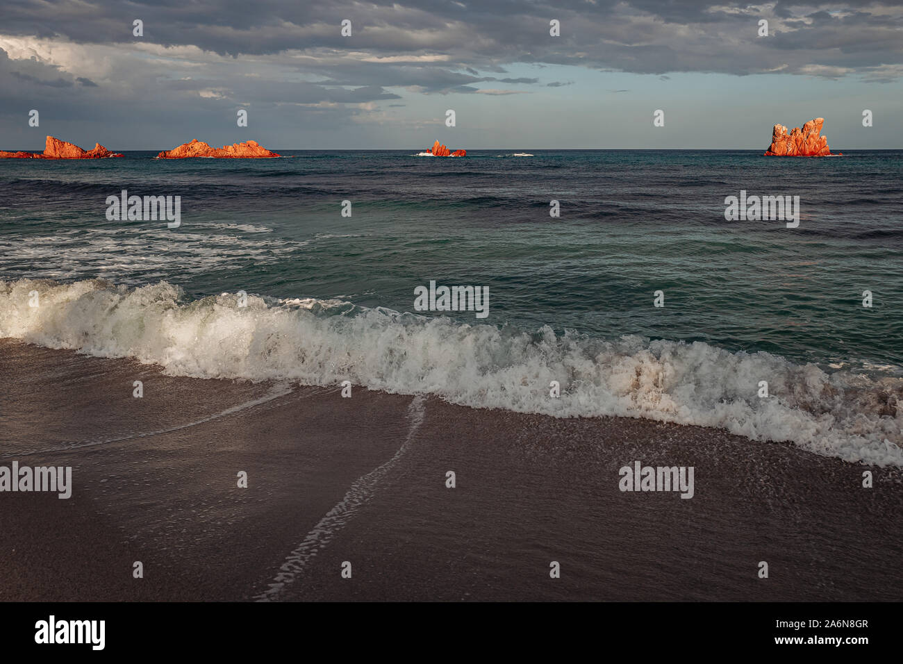 The wonderful Cea beach with red rocks in Ogliastra, Sardinia Stock ...