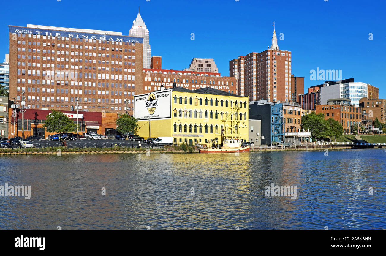 The East Bank of the Cleveland Flats stands along the Cuyahoga River ...