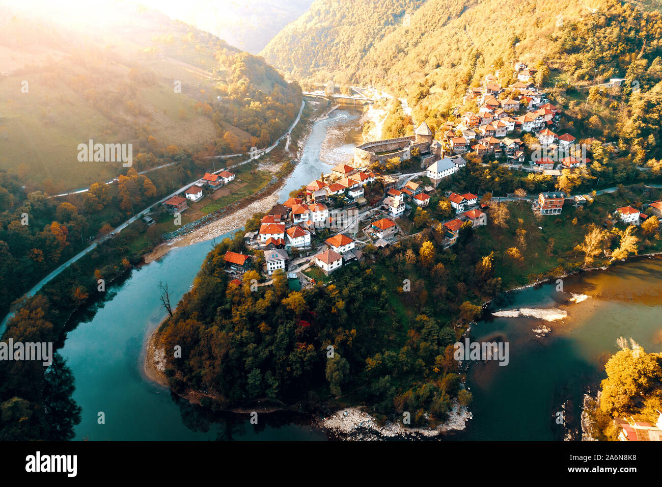 Aerial view of ancient city and castle of Vranduk in middle Bosnia ...