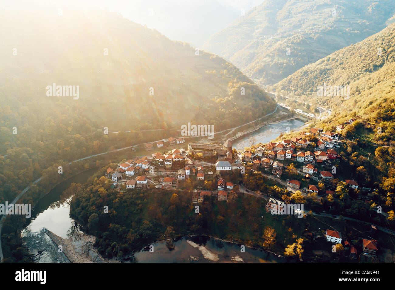 Aerial view of ancient city and castle of Vranduk in middle Bosnia ...