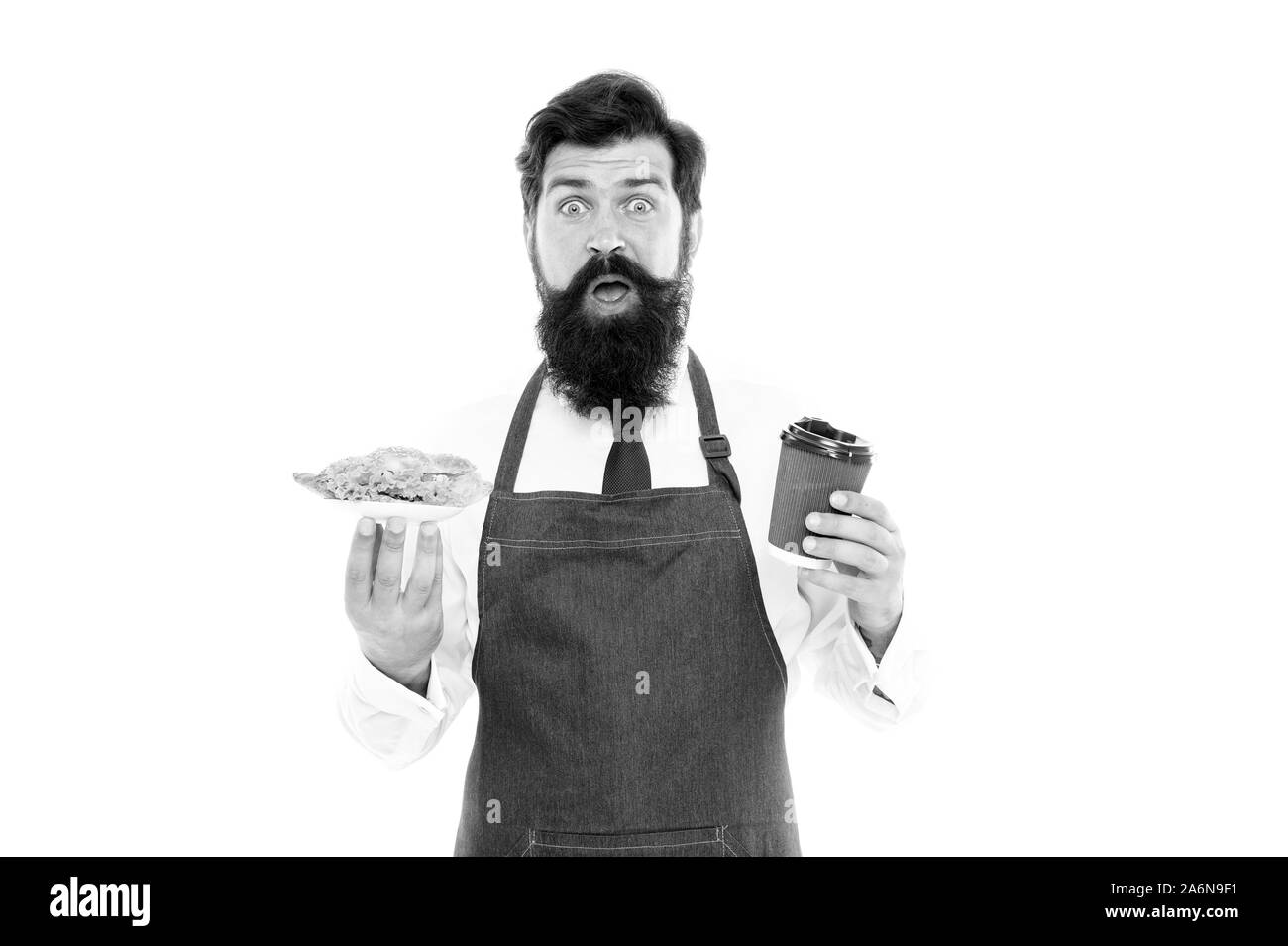 Cafe food concept. Enjoy your meal. Guy serving croissant stuffed ...