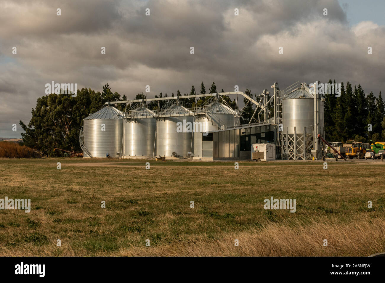 Silver farm silos and other agricultural equipment on the farm Stock ...