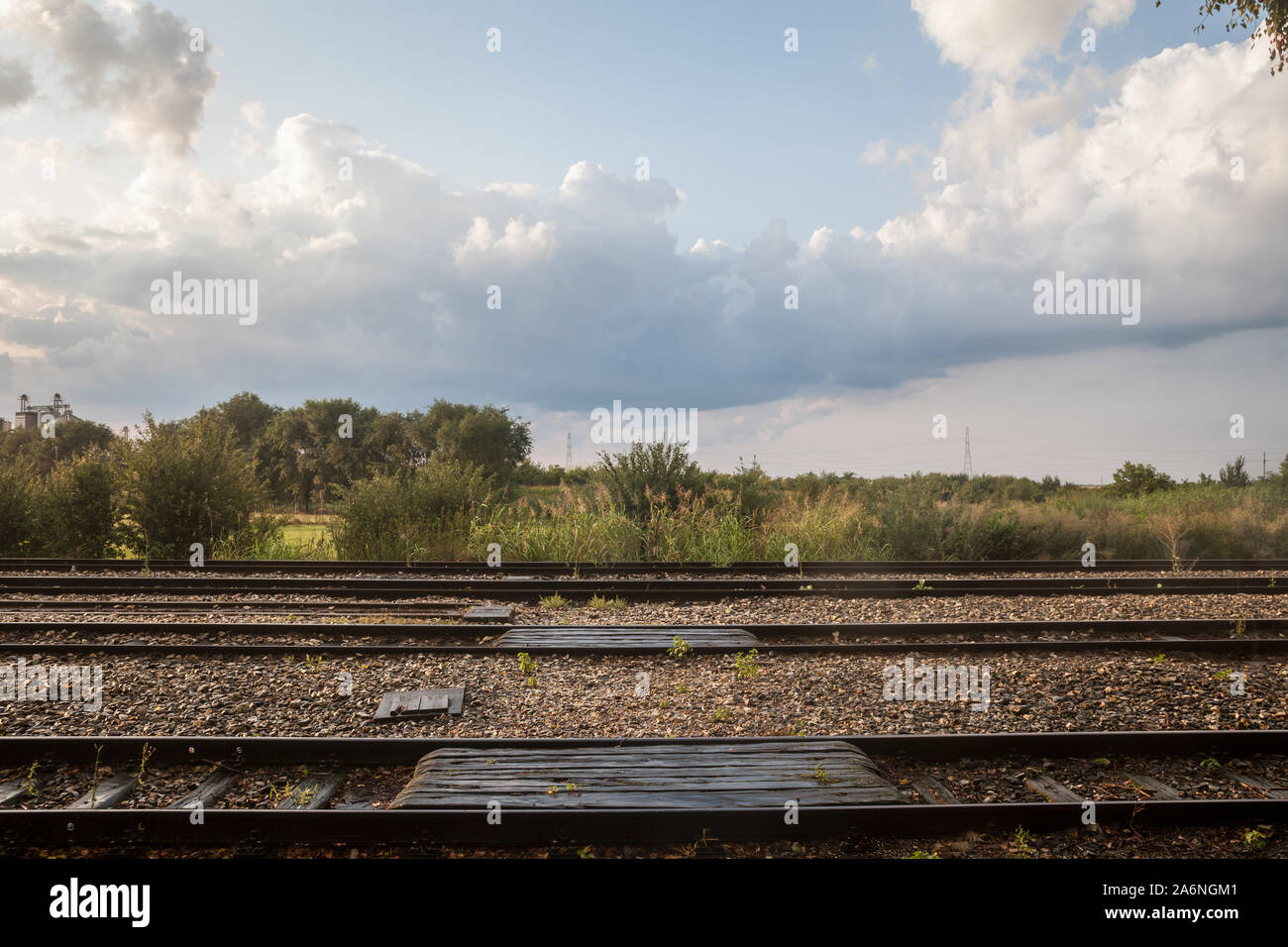 Railway tracks, rails and platforms in a rural train station in Uljma ...