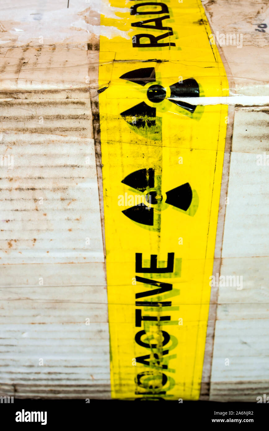 Radioactive material warning sign at the transportation paper package ...