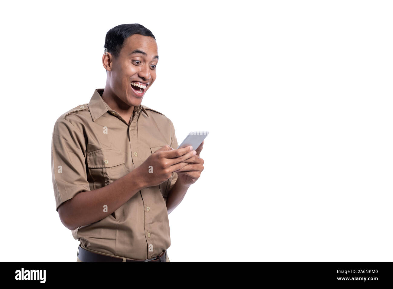 happy excited man receiving message from smart phone Stock Photo - Alamy